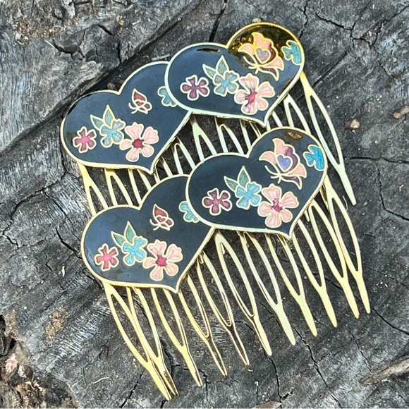 Accessories | Vintage Cloisonnene Black Heart Hair Comb Set | Poshmark